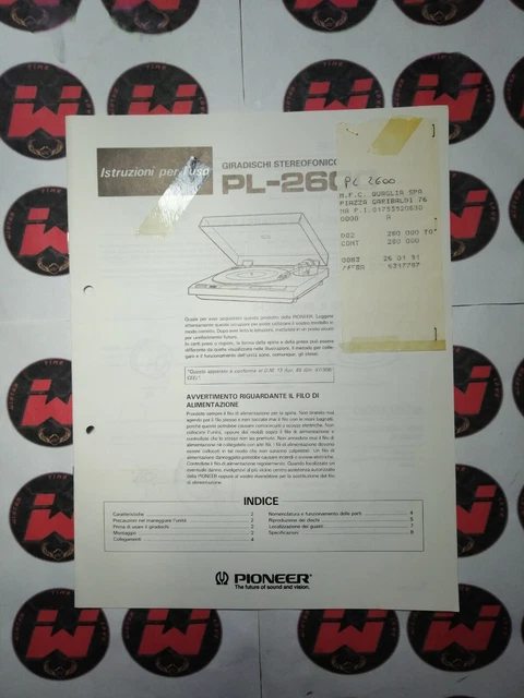 STEREO PHONIC TURNTABLE Guide, Italian Language, HI-FI Pioneer PL-2600 ...