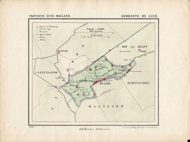 ANTIQUE MAP-NETHERLANDS-TOWN PLAN-DE LIER-ZUID HOLLAND-Kuyper-Kuijper ...