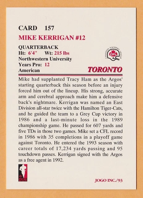 MIKE KERRIGAN 1993 Jogo CFL card Toronto Argonauts Northwestern ...