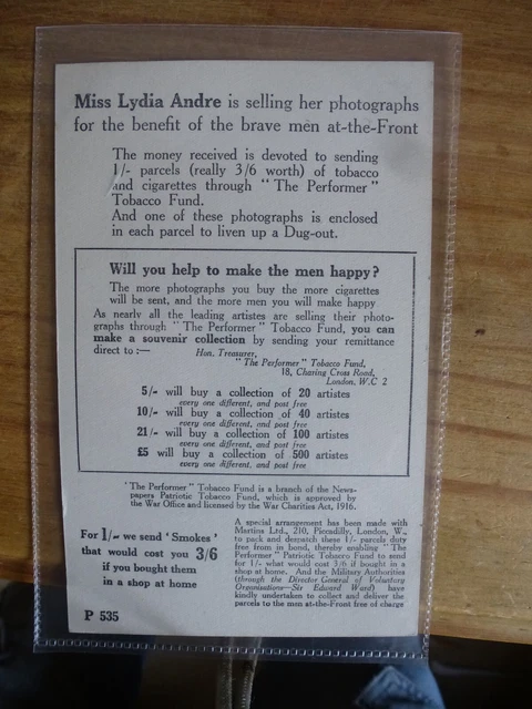 MUSIC HALL ACTRESS/ENTERTAINER Miss Lydia Andre Performer Tobacco Fund ...