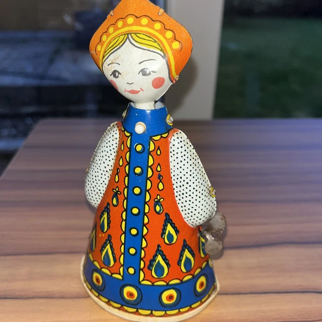 VINTAGE WIND UP Clockwork Tin Dancing Russian Folk Art Doll with key ...