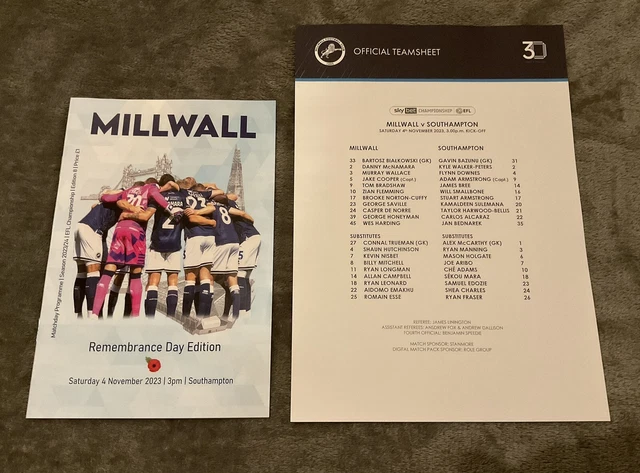 MILLWALL V SOUTHAMPTON Programme,teamsheet 4th Nov 2023 £2.00 - PicClick UK