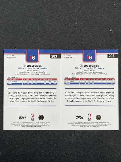 VJ EDGECOMBE 2025-26 Topps Flagship Rookie RC #203 Lot 2 $1.40 ...