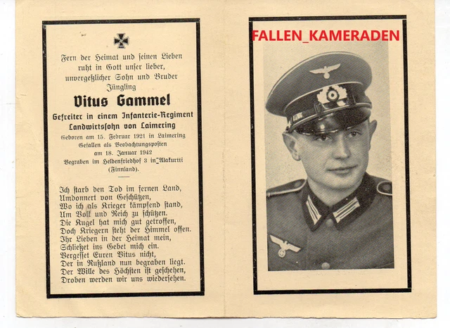 VINTAGE GERMAN WW2 Death Card-Vitus Gammel-Fell 18Jan 1942 Alakuriti ...