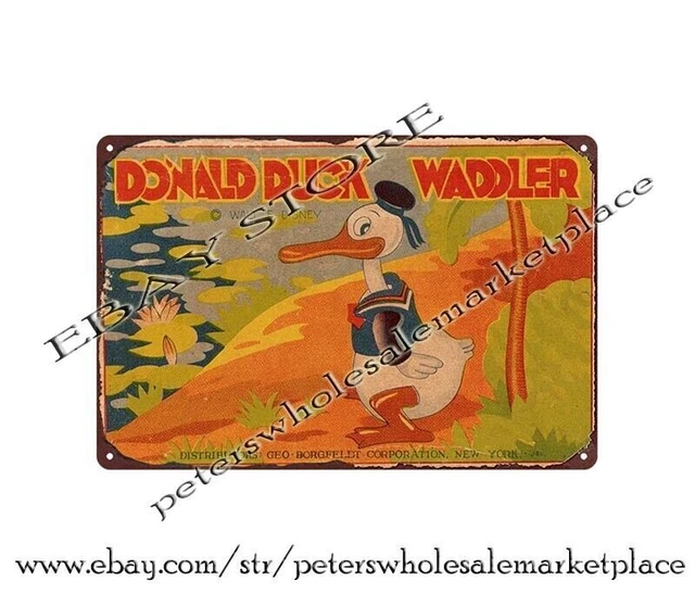 1930 DONALD DUCK WADDLER CELLULOID WIND-UP toy metal tin sign color ...