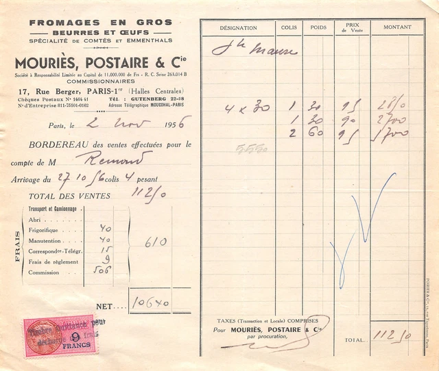 1956 FROMAGES EN Gros Beurres Et Oeufs Mouries Postaire A Paris - M ...