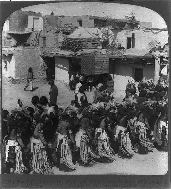 KACHINA DANCE TO the rain God; Hopi village, Shonghopavi, Arizona Old ...