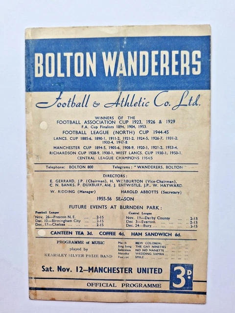 BOLTON WANDERERS V Manchester United - Season 1955-56 Football ...