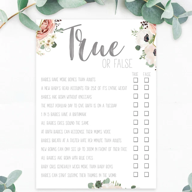 BABY SHOWER GAMES True or False Trivia Quiz Boy Girl Unisex Boho Tea ...