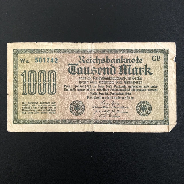GERMANY-1922-1000 MARK NOTE-WEIMAR Republic-Hyper Inflation Years ...