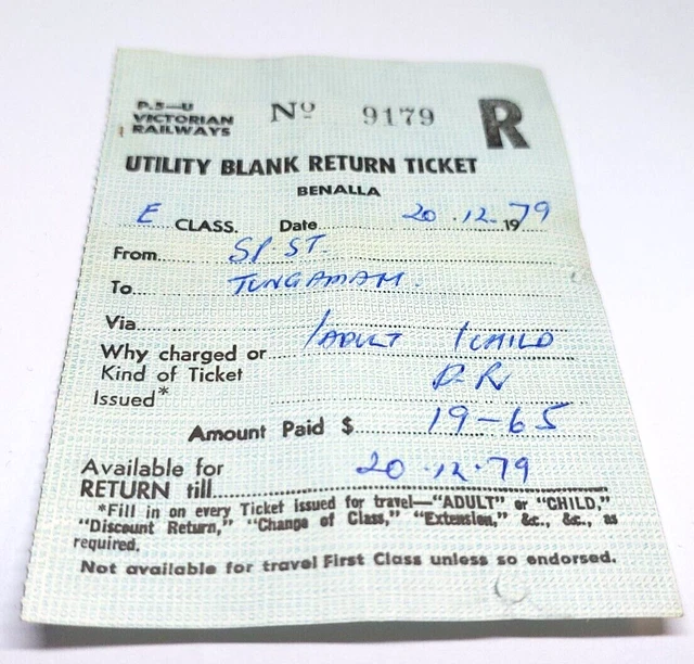 VICTORIAN RAILWAYS VR Train Ticket Spencer St To Tungamah 1979 $5.95 ...