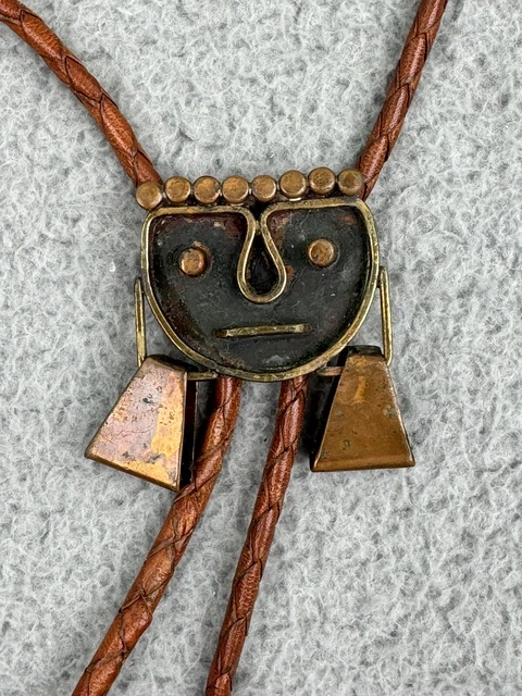 VINTAGE MEXICAN AZTEC WARRIOR BOLO TIE Leather COPPER & BRASS $36.88 ...