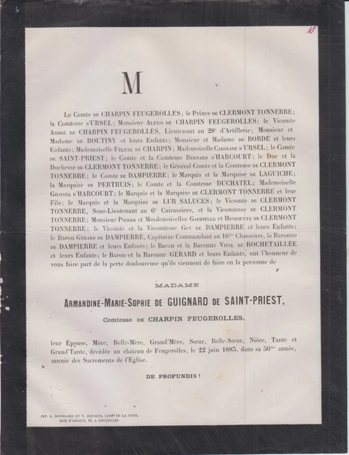 1883 DEATH ANNOUNCEMENT Sophie de CHARPIN-FEUGEROLLES born GUIGNARD de SAINT-PRIEST £31.57 ...