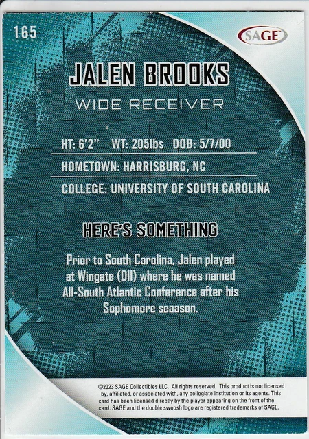 SAGE 2023 HIGH Series JALEN BROOKS Rookie Football Card #165 South ...