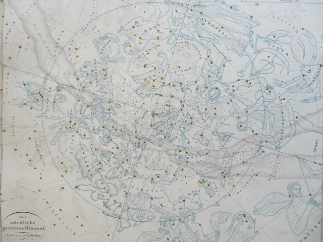 NORTHERN NIGHT SKY Constellations Zodiac Milky Way 1855 Stieler star ...