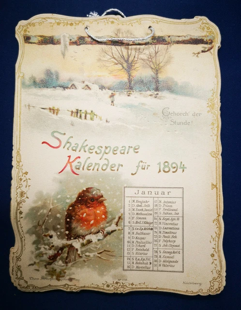 SHAKESPEARE CALENDAR FOR 1894 Chromolithography Yearly Calendar js £85. ...