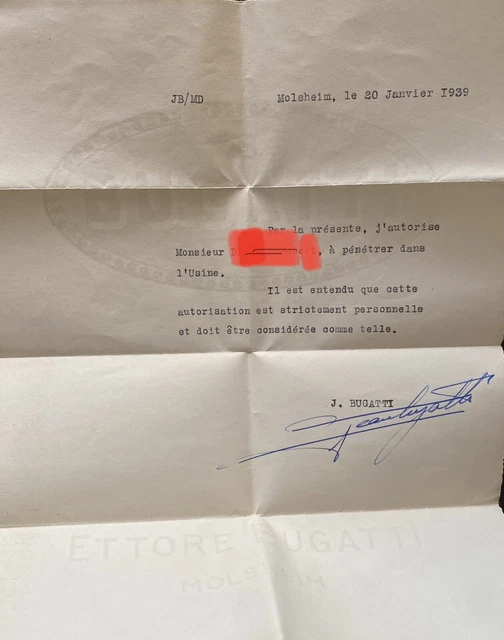 BUGATTI RARE LETTER Leave Pass Signature Manuscript by Jean Bugatti ...