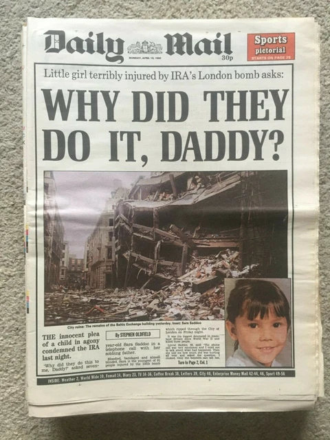 DAILY MAIL NEWSPAPER 13th April 1992 IRA Baltic Exchange London ...