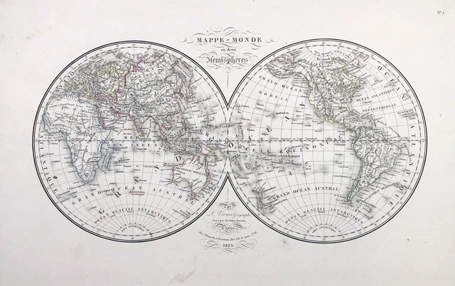 WORLD MAP CARTE Du Monde Mappemonde L.Vivien Carte 1825 EUR 137,98 ...