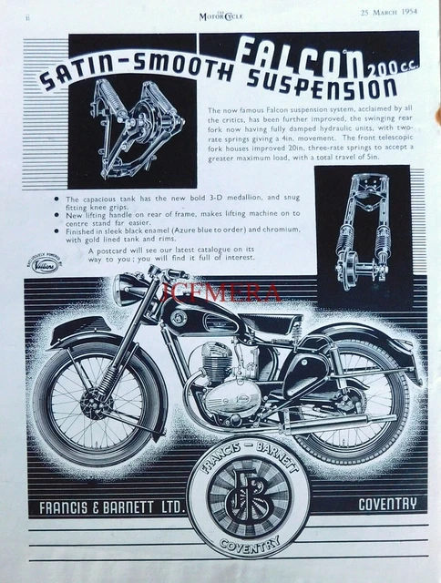 FRANCIS-BARNETT 'FALCON' 200CC Motor Cycle, Original 1954 Advert : 657 ...