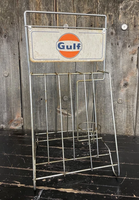 VINTAGE 60S GULF Motor Oil Gas Service Station Display Tin Can Rack ...