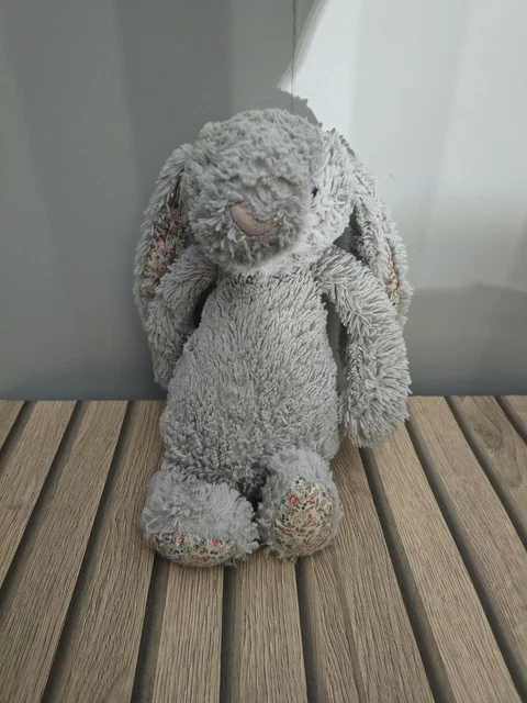 JELLYCAT MEDIUM GREY Silver Blossom Bashful Bunny Rabbit Floral Ears ...
