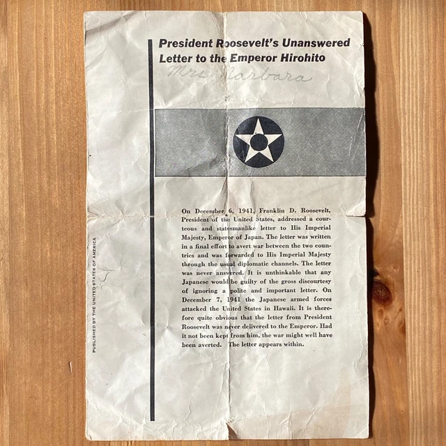 VINTAGE WW2 Leaflet FDR Letter To Hirohito In Japanese and English 1942 ...