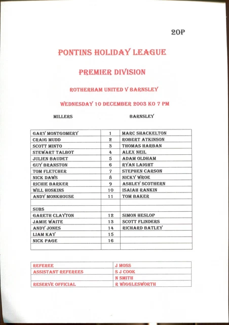 A12 ROTHERHAM UNITED v Barnsley 10/12/03 Pontins Premier Division EUR 1 ...