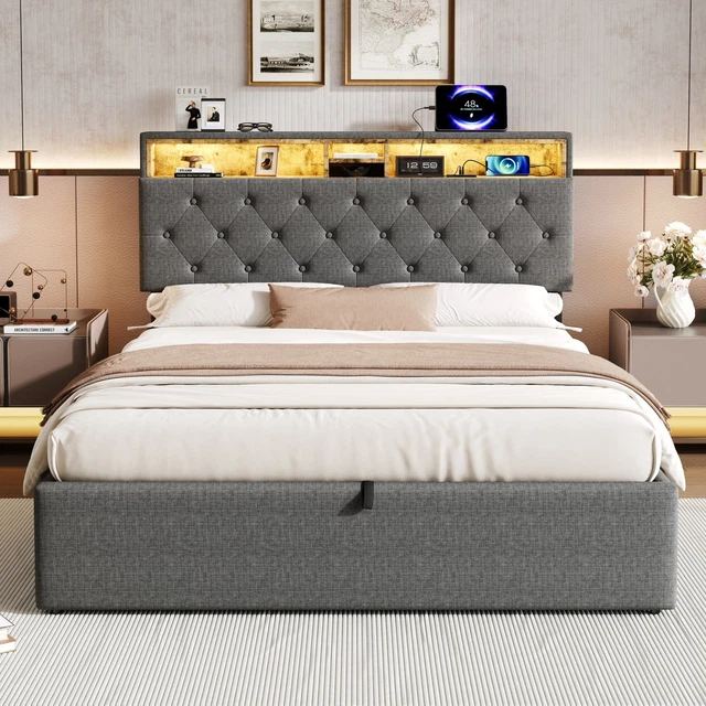 OTTOMAN BED FRAME 5ft King Size with Storage, Headboard & LED Lights ...