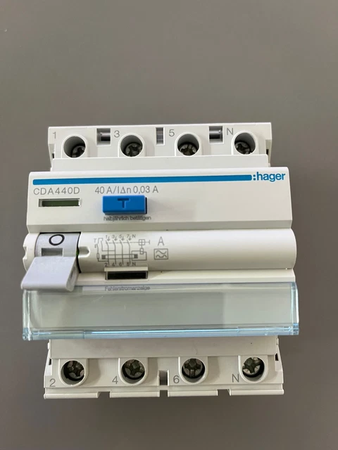 HAGER CDA440D FI-SCHALTER Fehlerstromschutzschalter 4 polig 6kA 40A 30mA RCD EUR 44,99 - PicClick DE