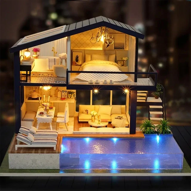 DIY MINIATURE DOLLHOUSE Kit with Furniture LED Light Wood Villa House ...