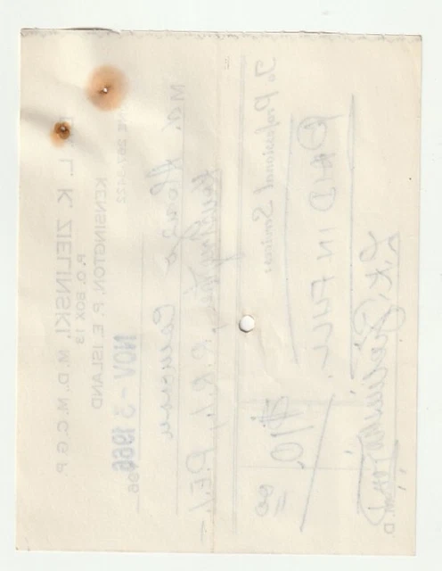1966 KENSINGTON PEI Payment Receipt L.k. Zielinski M.D. M.C.G.P Walk In ...