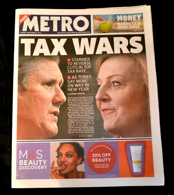 THE UK METRO Newspaper 26/09/22 September 26th 2022 Labour vs Tory Tax ...