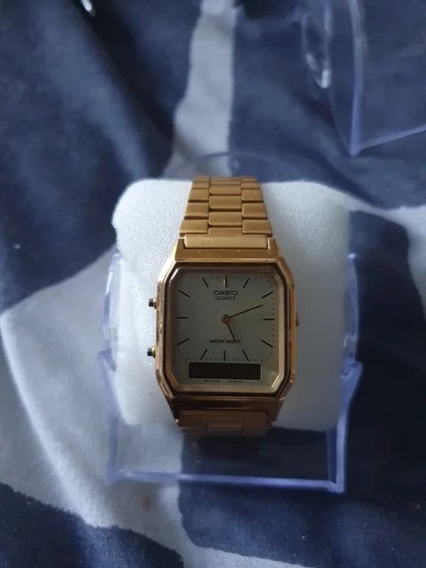 CASIO AQ-230 ANA-DIGITAL Quartz Watch-Gold Tone with Champagne Dial ...