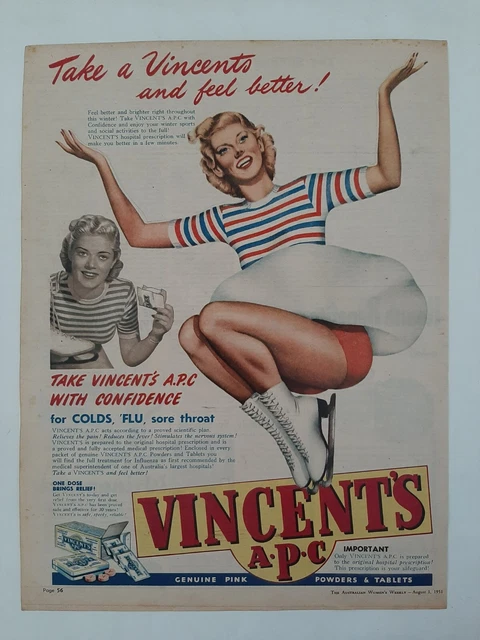VINTAGE AUSTRALIAN ADVERTISING 1951 ad VINCENT'S A.P.C. TABLETS ice ...