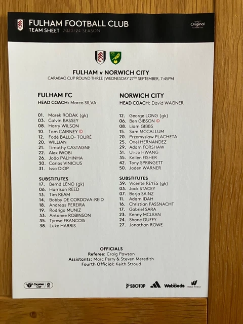 FULHAM 2023-2024 SEASON Home Club Format A5 Colour Team Sheets £4.99 ...