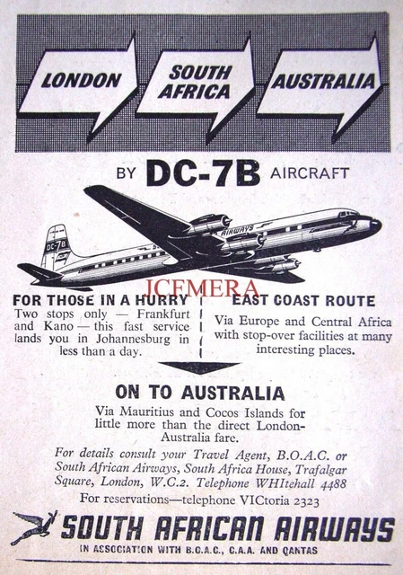 SOUTH AFRICAN AIRWAYS Airline DC-7B Airplane Advert - Small 1959 Print ...