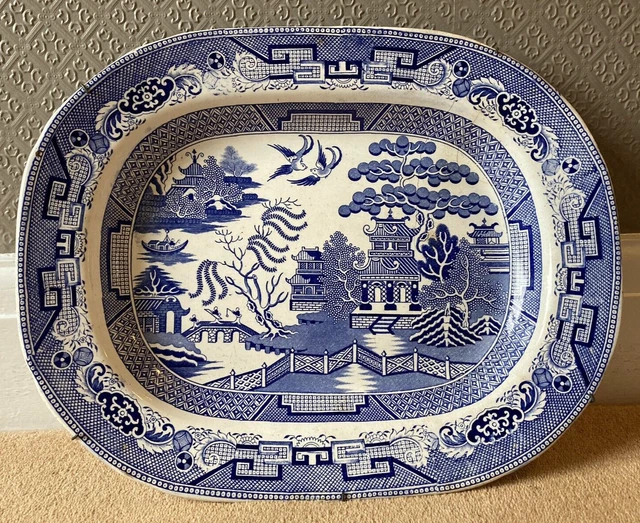 LARGE ANTIQUE STAFFORDSHIRE Blue & White Willow Pattern Platter Plate ...