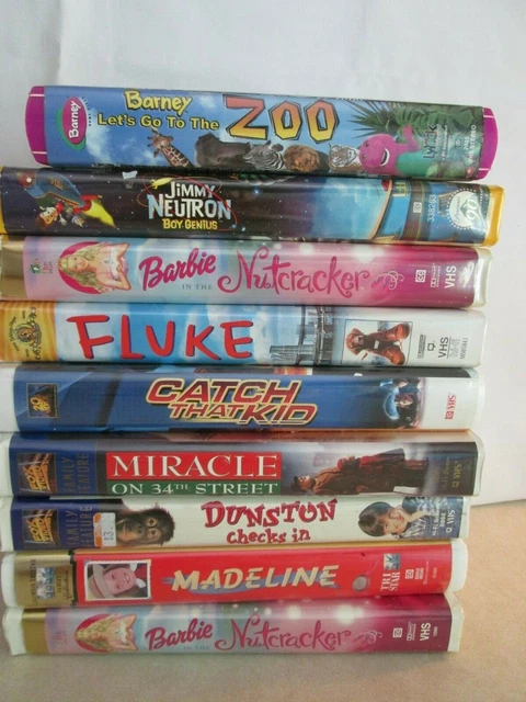 9 VHS KID'S Tapes-J. Neutron,Barbie,Fluke,Dunston, Barney,SpyKid ...
