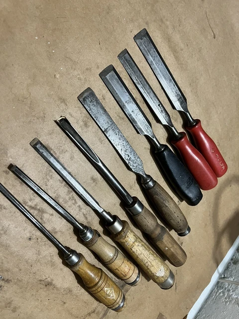 8 OUTILS ANCIENS LOT CISEAUX à bois BÉDANE /GOUGE/ GOLDENBERG/ MULER ...