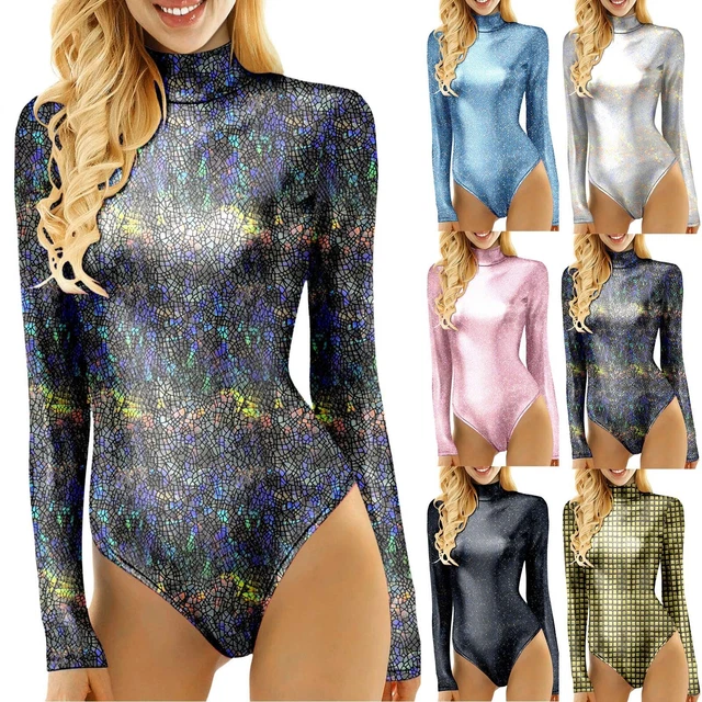 Women Yoga Jumpsuits Shiny Metallic Pvc Leather Mock Neck Long Sleeve