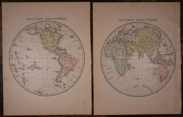 ANTIQUE 1890 MITCHELL'S Atlas Map of the WORLD'S EASTERN & WESTERN ...