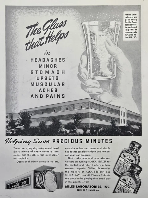 MILES LABORATORIES ALKA-SELTZER 0ne-a-Day Elkhart IN WWII Vintage Print ...