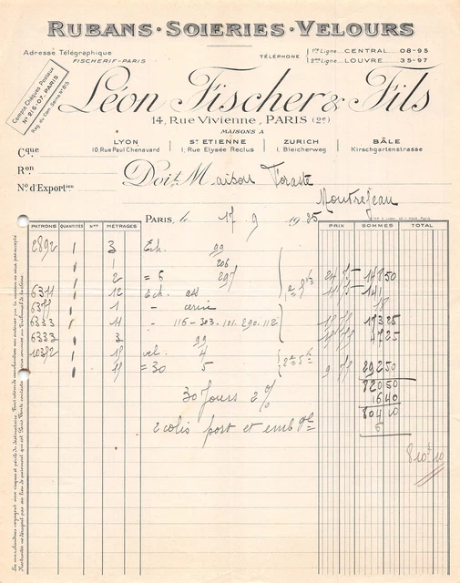 1925 FACTURE RUBANS Leon Fischer A Paris - M.foraste A Montrejeau EUR 10,00 - PicClick FR