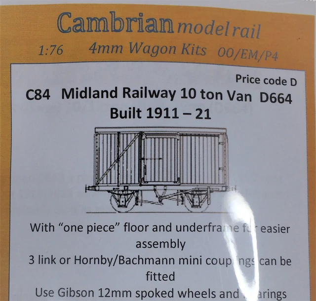 CAMBRIAN MODELRAIL, C084, Midland Railway 10 ton Van, D664, 00/4MM Kit. EUR 14,55 - PicClick IT