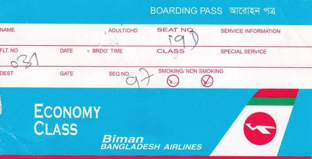 BANGLADESH BIMAN AIRLINES Economy Class Passenger Boarding Pass £6.78 ...