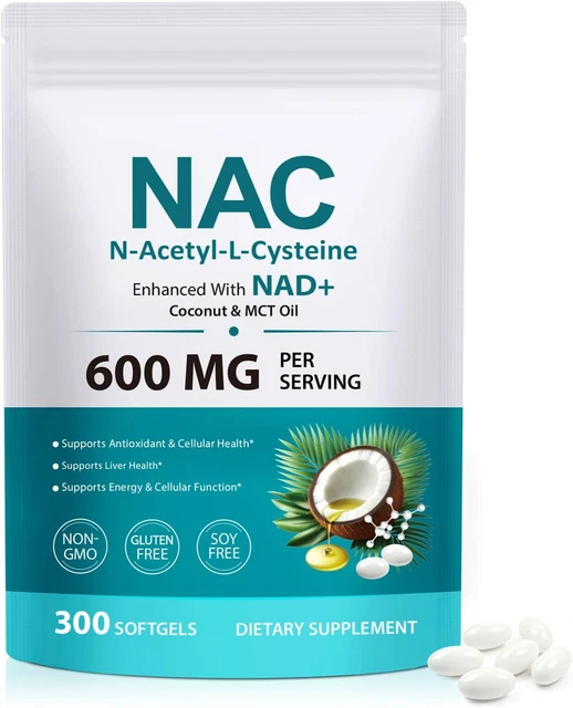 NAC (N-ACETYL-L-CYSTEINE) 600MG – 300 Softgels – Enhanced with NAD+ ...