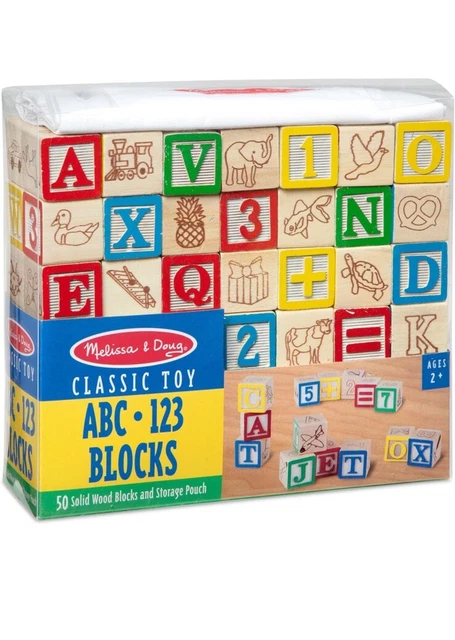 MELISSA AND DOUG ABC 123 Wooden Blocks - 50 Solid Wood Blocks~Storage ...