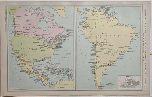 1928 MAP BRITISH & United States Diplomatic Consular North & South ...