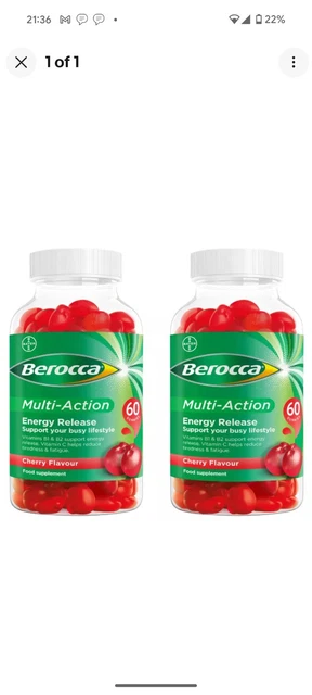 2 X BEROCCA Multi-Action Energy Release Gummies. Cherry Flavour. 60 per ...